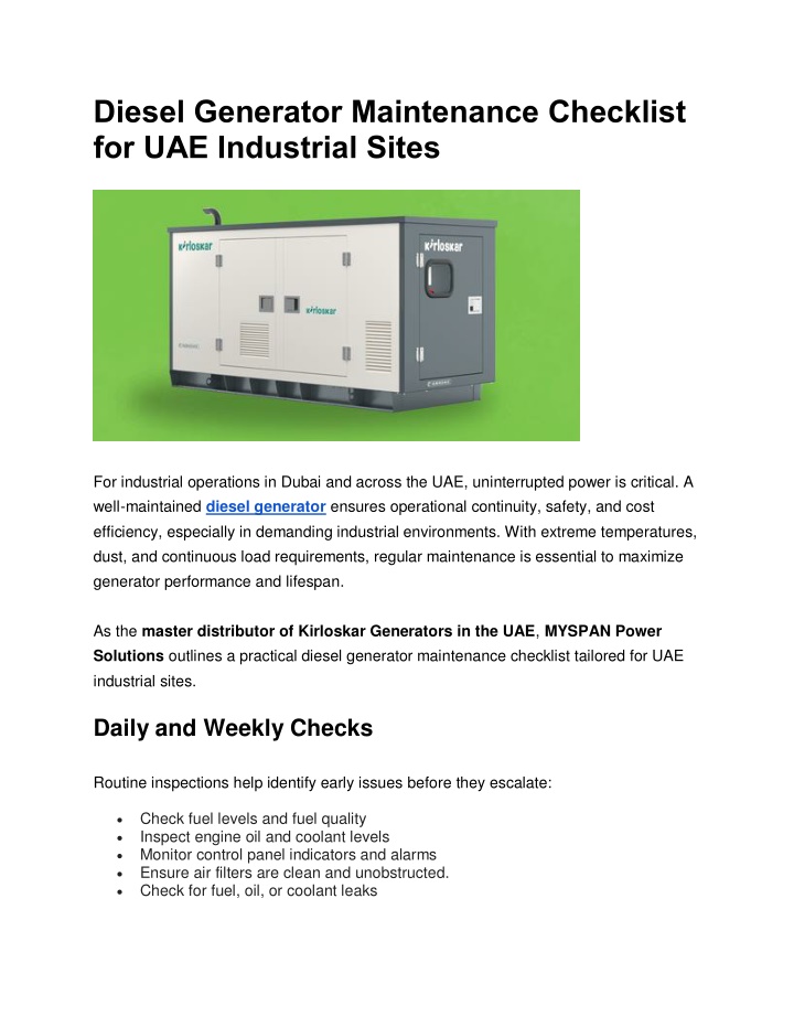 PPT - Diesel Generator Maintenance Checklist for UAE Industrial Sites ...