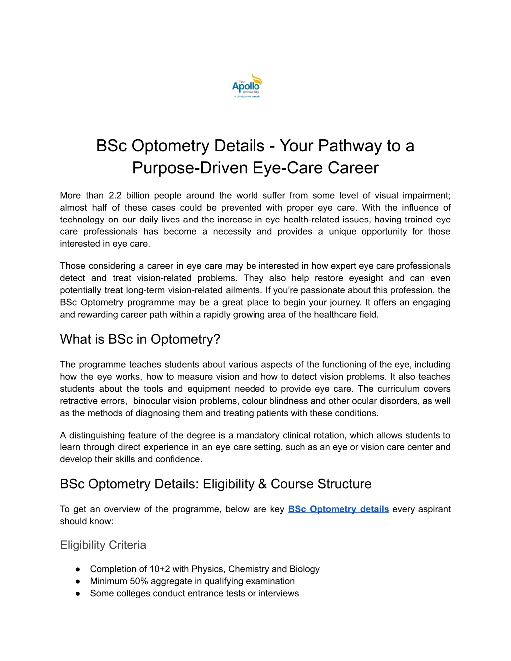 PPT - BSc Optometry Details - Your Pathway to a Purpose-Driven Eye-Care ...