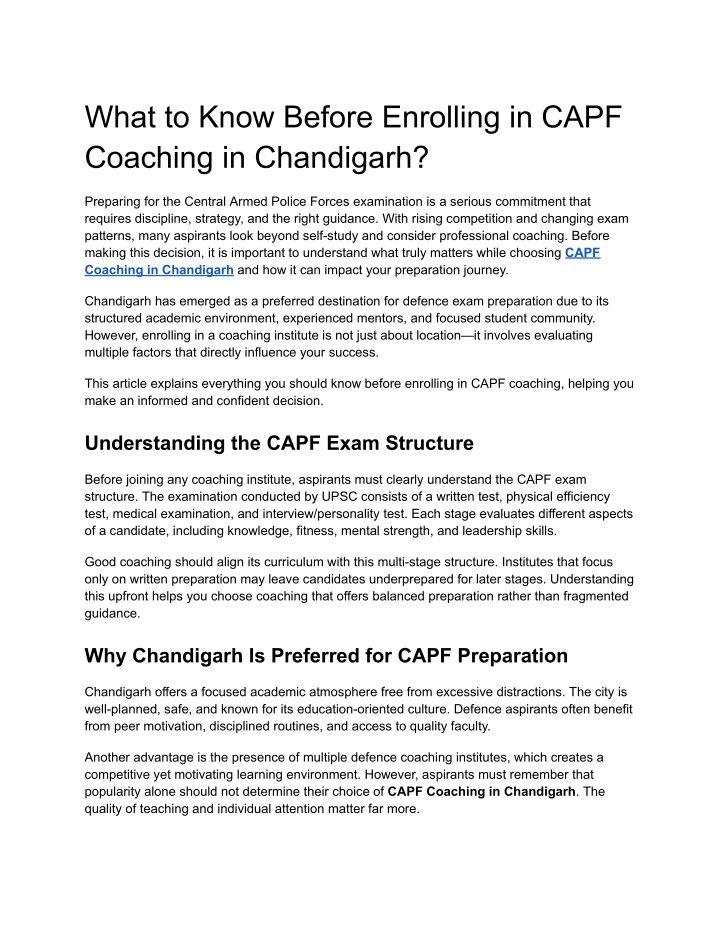 PPT - What to Know Before Enrolling in CAPF Coaching in Chandigarh ...