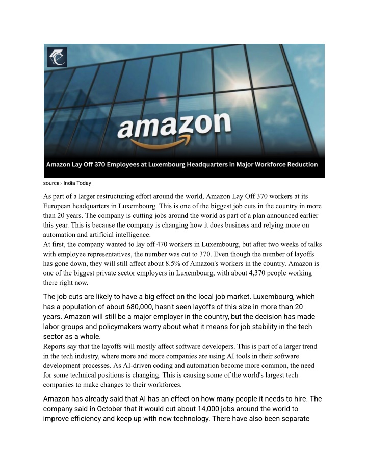 PPT - Amazon Lay Off 370 Employees at Luxembourg Headquarters in Major ...