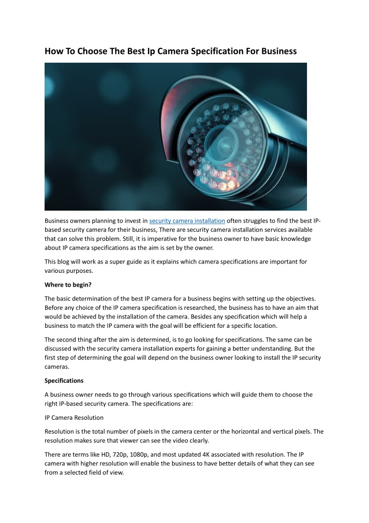 PPT - How To Choose The Best Ip Camera Specification For Business ...