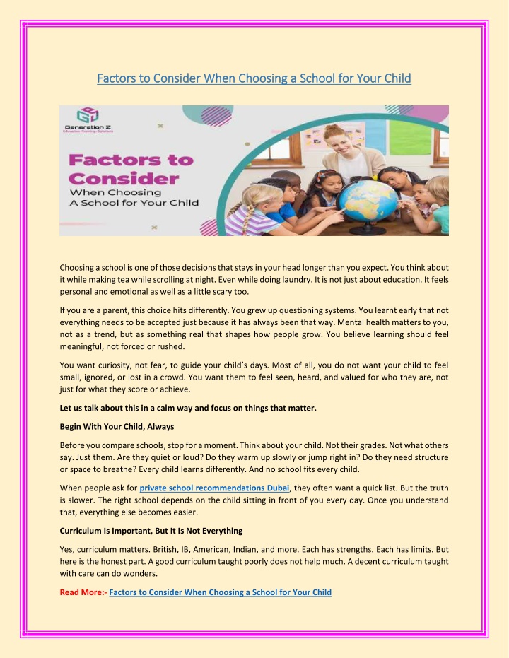 PPT - Factors to Consider When Choosing a School for Your Child ...