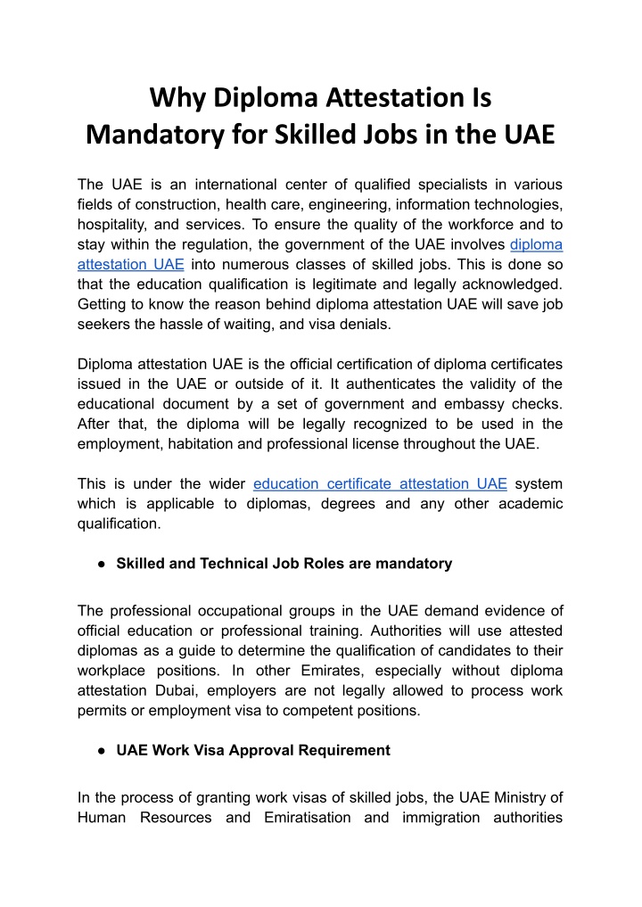 PPT - Why Diploma Attestation Is Mandatory for Skilled Jobs in the UAE ...