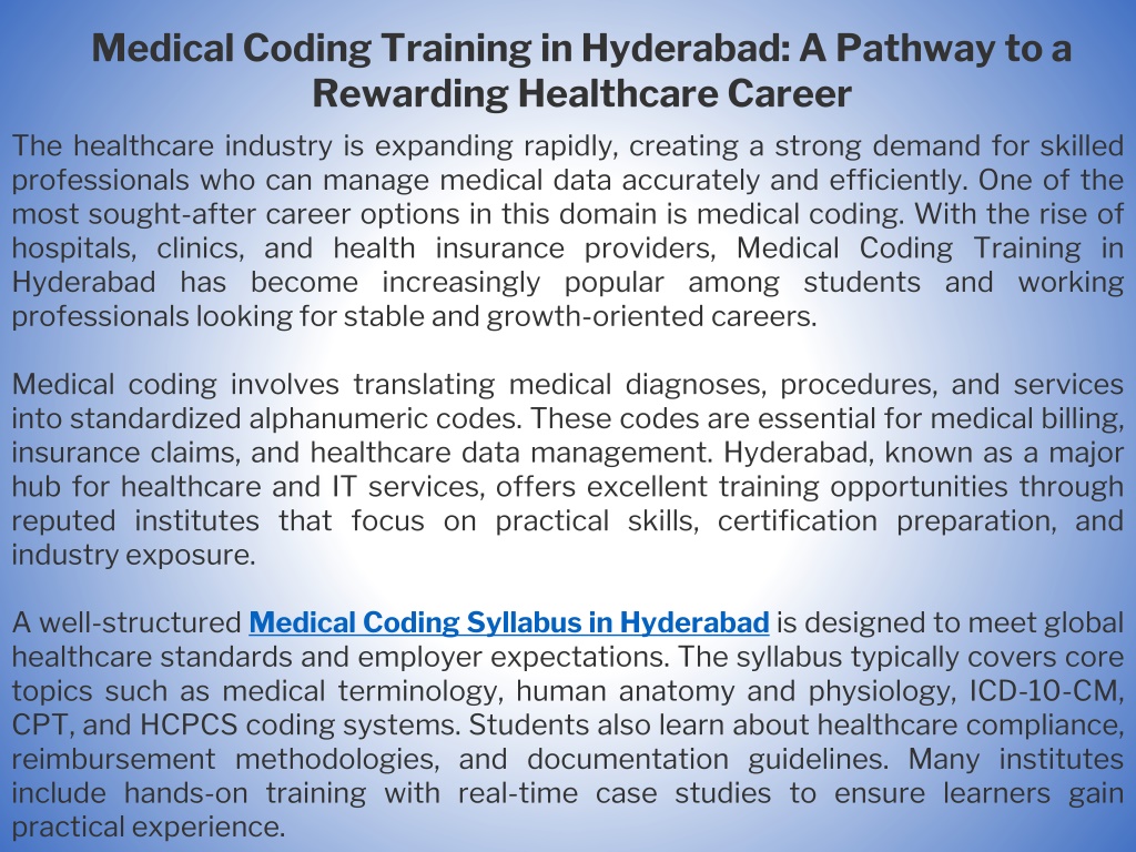 PPT - Medical Coding Training in Hyderabad A Pathway to a Rewarding Healthcare Career PowerPoint ...