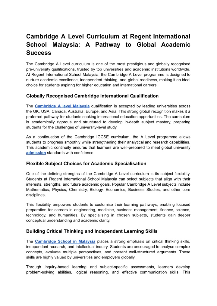 PPT - Cambridge A Level Curriculum at Regent International School ...