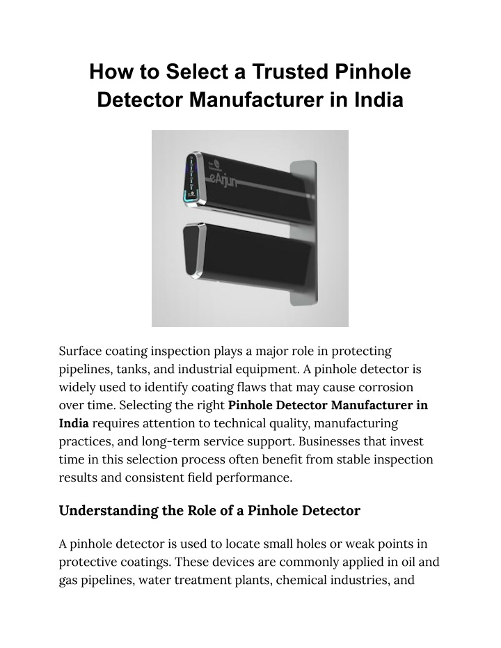 PPT - How to Select a Trusted Pinhole Detector Manufacturer in India ...