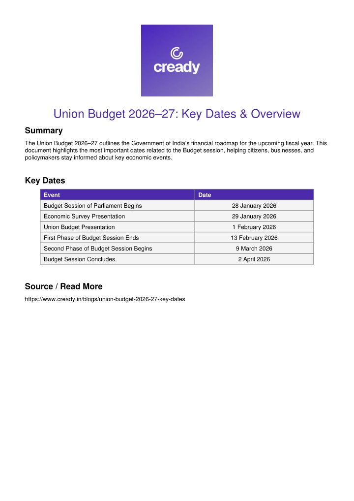 PPT - Union Budget 2026–27 Key Dates: Budget Session, Economic Survey ...