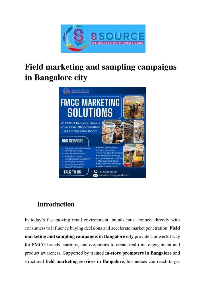 PPT - Field marketing and sampling campaigns in Bangalore city ...